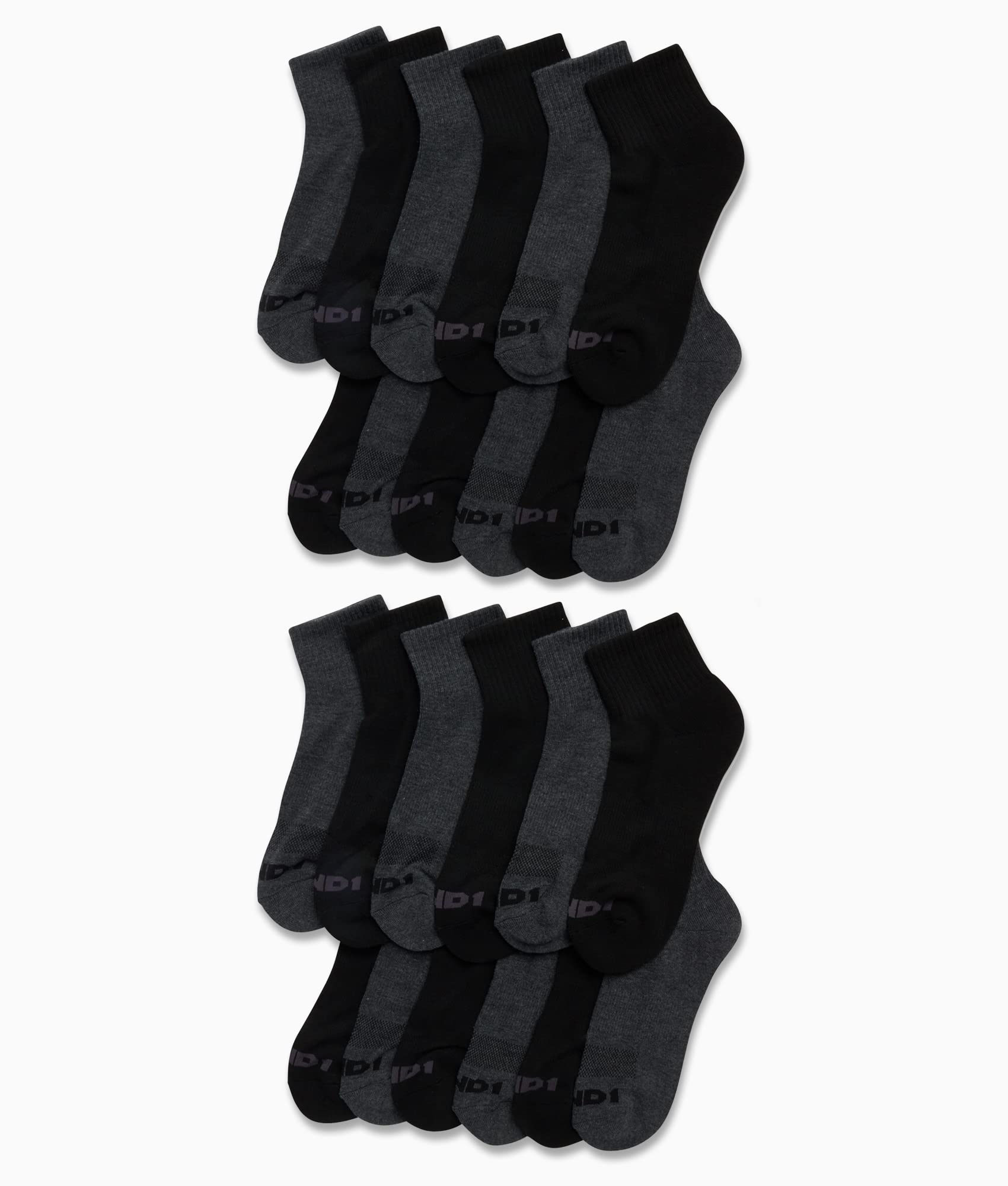 AND1 Men's Socks - Athletic Cushion Quarter Cut Socks (24 Pack), Size 6-12.5, BlackGrey