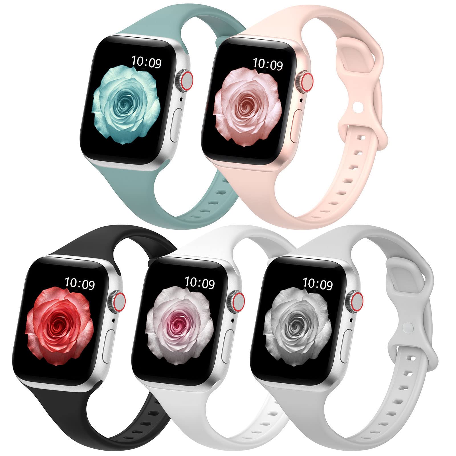 5 PACK Slim Band Compatible with Apple Watch Band 38mm 40mm 41mm 42mm 44mm 45mm for Women Men, Thin Narrow Soft Silicone Replacement Strap Band for iwatch SESeries 7654321