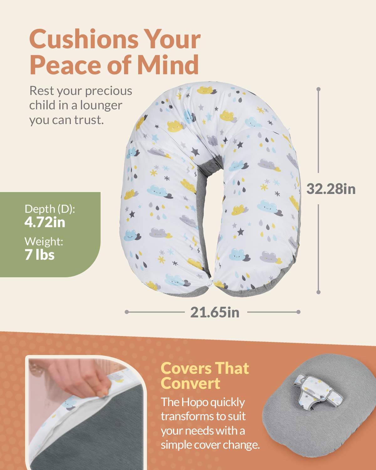 Unilove Hopo 7-in-1 Pregnancy & Nursing Pillow - Pregnancy Pillows for Sleeping - Pregnant mom Gift Essentials for Breastfeeding, Side Sleeping - 2 Washable Covers, Weather Icon