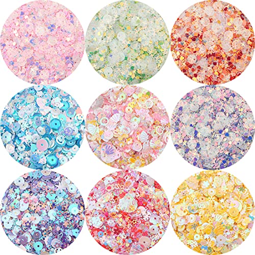 Decoendiy 6 Pack Mixed Shaped Glitter Flakes, Chunky Sparkle Sewing Glitter, Heart Star Seashell Shiny Slices with Hole, for Sewing Embellishment Accessories DIY Crafts Arts (Purple)