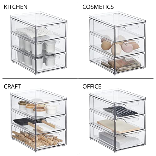 mDesign Plastic Stackable Organizer with 3 Drawers - Pull-Out Drawer Storage Bin for Bathroom Sink/Cabinet Organization - Perfect for Makeup, Small Towels, and More - Lumiere Collection, Clear