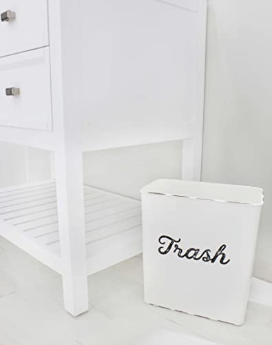 AuldHome White Enamel Trash Can, Rustic Farmhouse Wastebasket for Bathroom, Bedroom, or Office