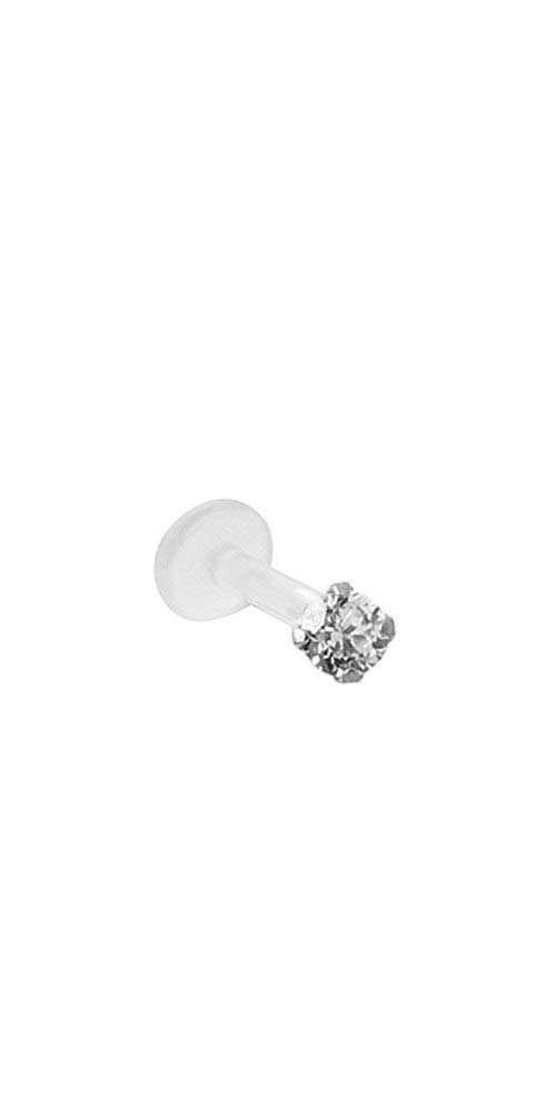 925 Sterling Silver Labret Nose Ring Stud Bioflex Post 1/4" 6mm Post 2.5mm Aqua CZ 18G