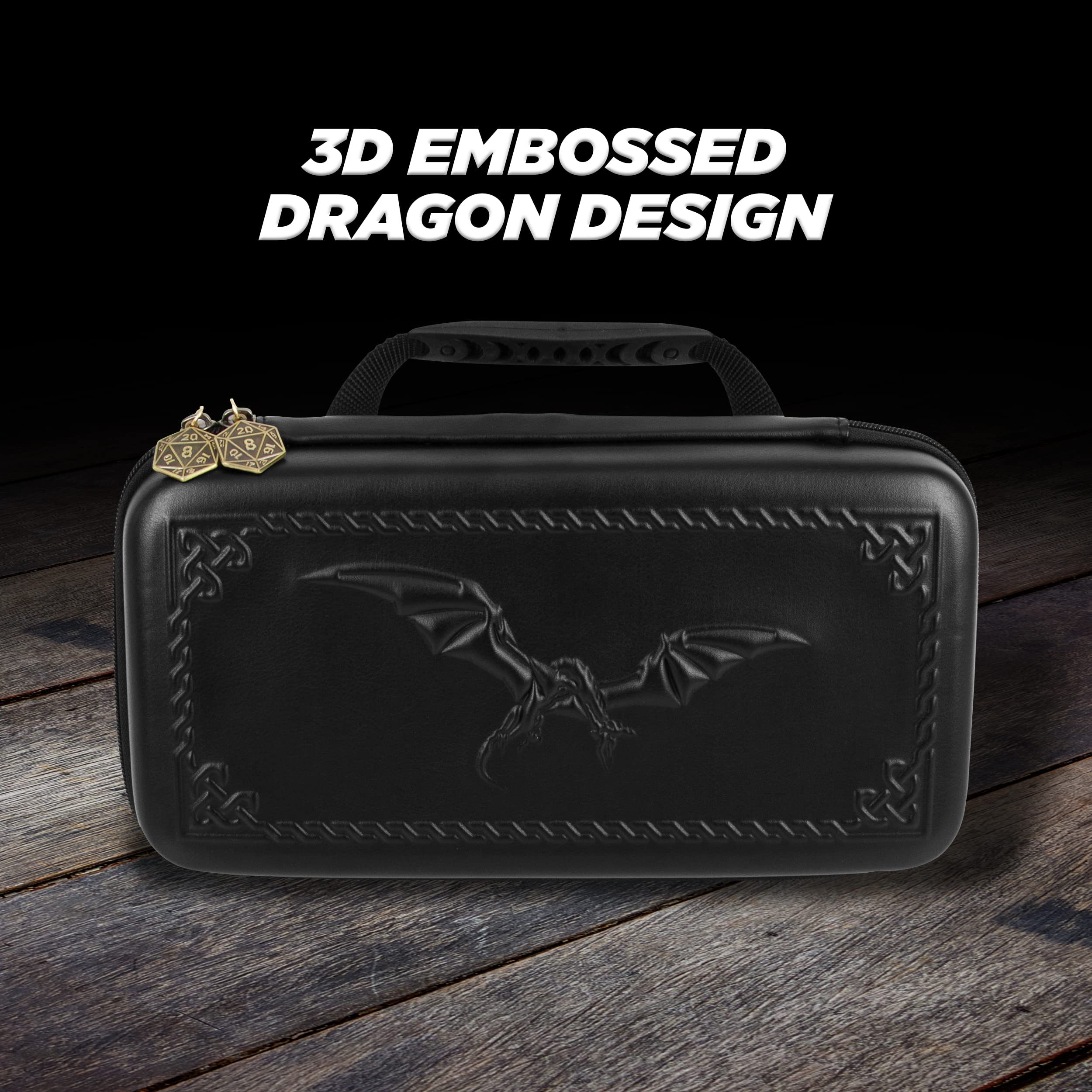 CASEMATIX Dice Box and Card Case for 9 Sets of RPG Dice, Spell Cards, Counters and Other Accessories - Hard Shell Dice Holder with Embossed Dragon Design, Carry Handle and Dice Tray Functionality