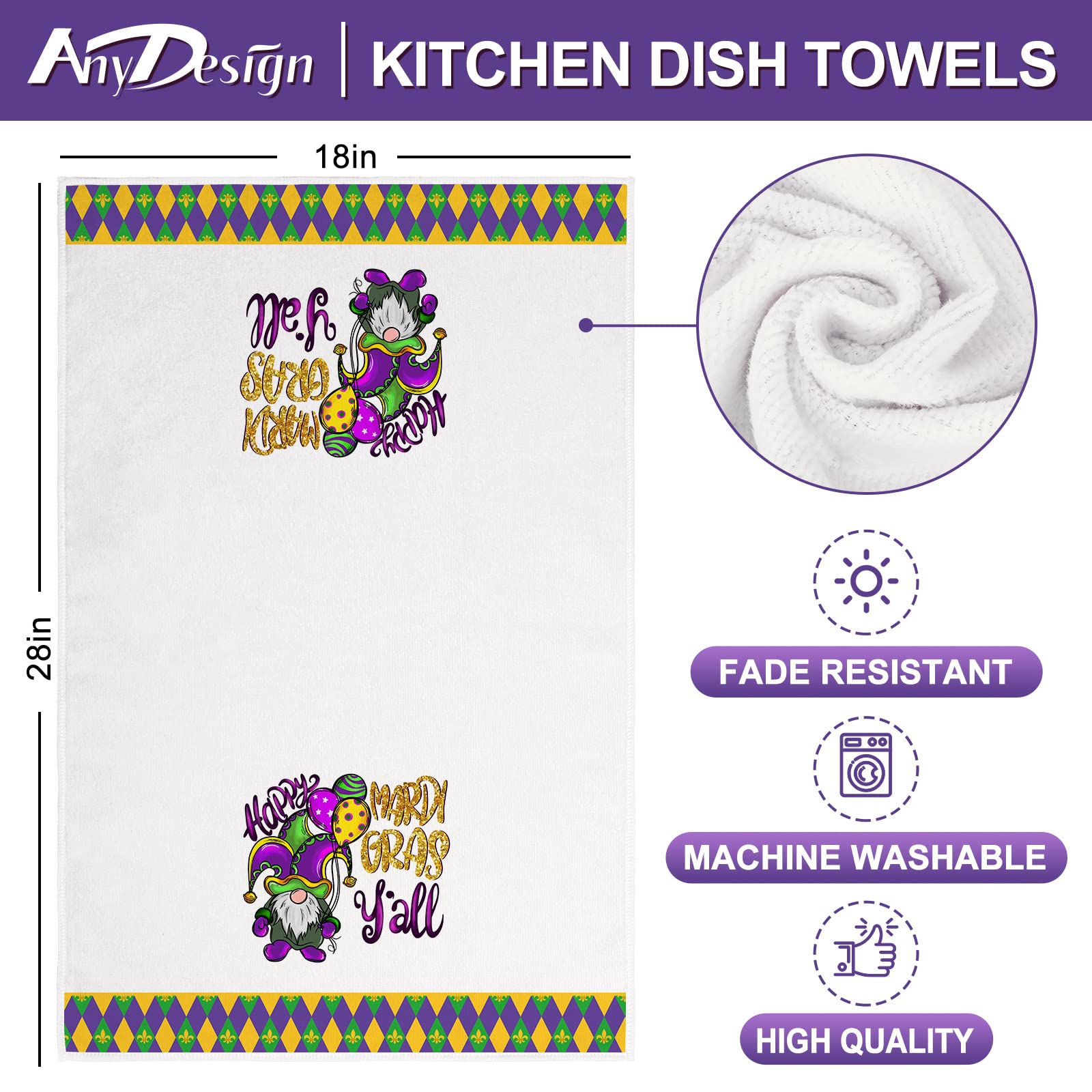 AnyDesign Mardi Gras Kitchen Dish Towel Purple Green Diamond Lattice Print Kitchen Towel 18 x 28 Inch Home Love Gnome Hand Drying Tea Towel for Carnival Cooking Baking Cleaning Wipes, 4Pcs