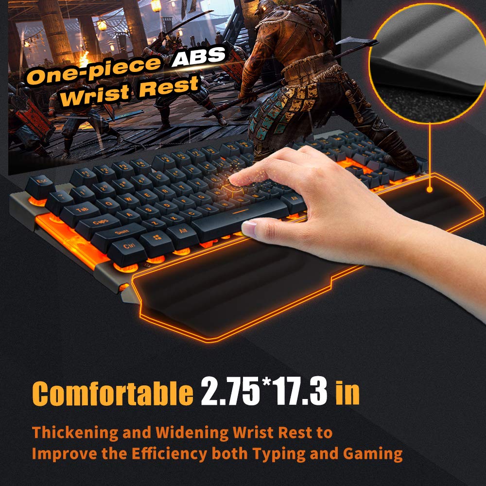 7KEYS K8 Gaming Keyboard USB Wired with Premium Big Wrist Rest, Floating Gaming Keyboard with Orange Led Backlit, Durable Metal Panel, Quiet Mechanical Feeling Keyboard, Ergonomic for PC Desktop