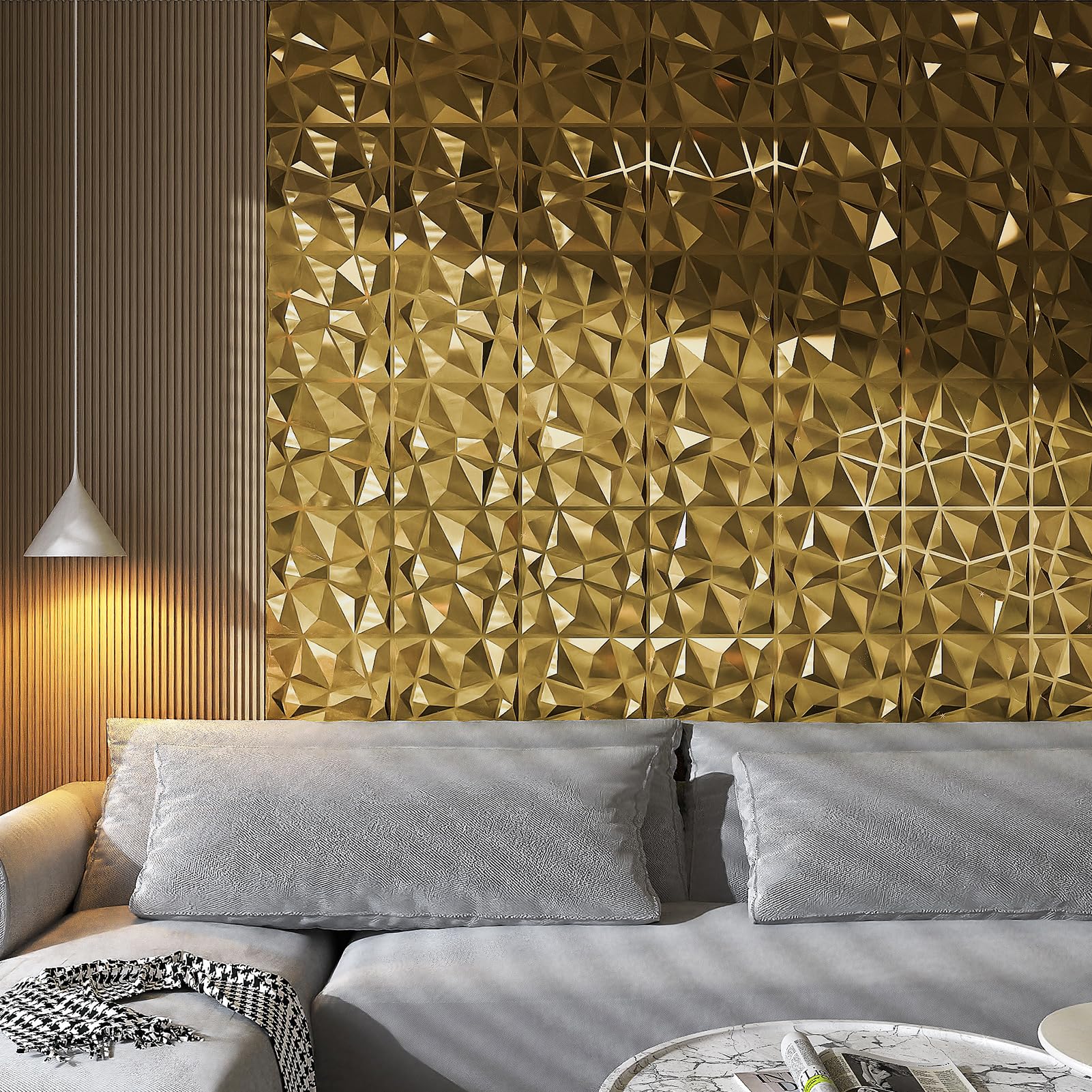 Art3d 3D Diamond Design Paneling for Interior Decor, Living Room, TV Wall Background, Bedroom, Gaming Setup, 11.8" x 11.8", Gold, 33 Pack