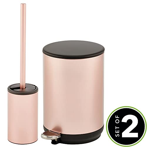 mDesign Slim Stainless Steel Toilet Bowl Brush and Holder + Round Gallon Step Garbage Can Wastebasket Bin for Bathroom Cleaning/Storage - Holder for Garbage and Waste - Set of 2 - Rose Gold/Black