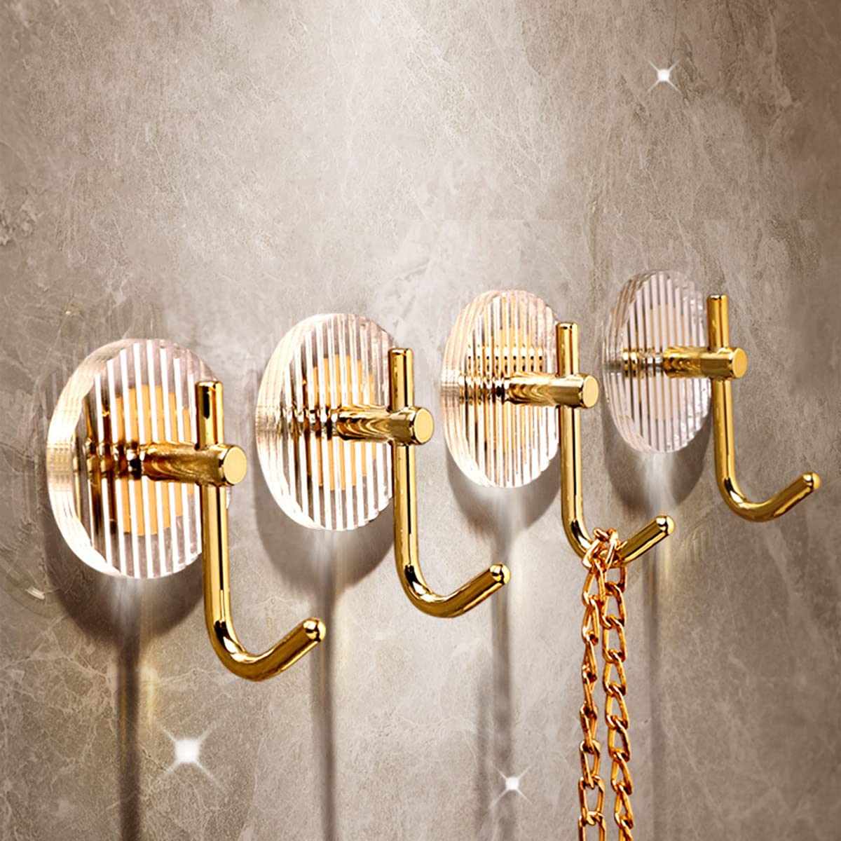 COCOYA 4Pack Adhesive Towel Hooks, Easy Install Acrylic Stainless Steel Heavy Duty Waterproof Rustproof Modern Decorative Cute Bathroom Bedroom Gold Wall Hooks for Hanging Include Strong Adhesive