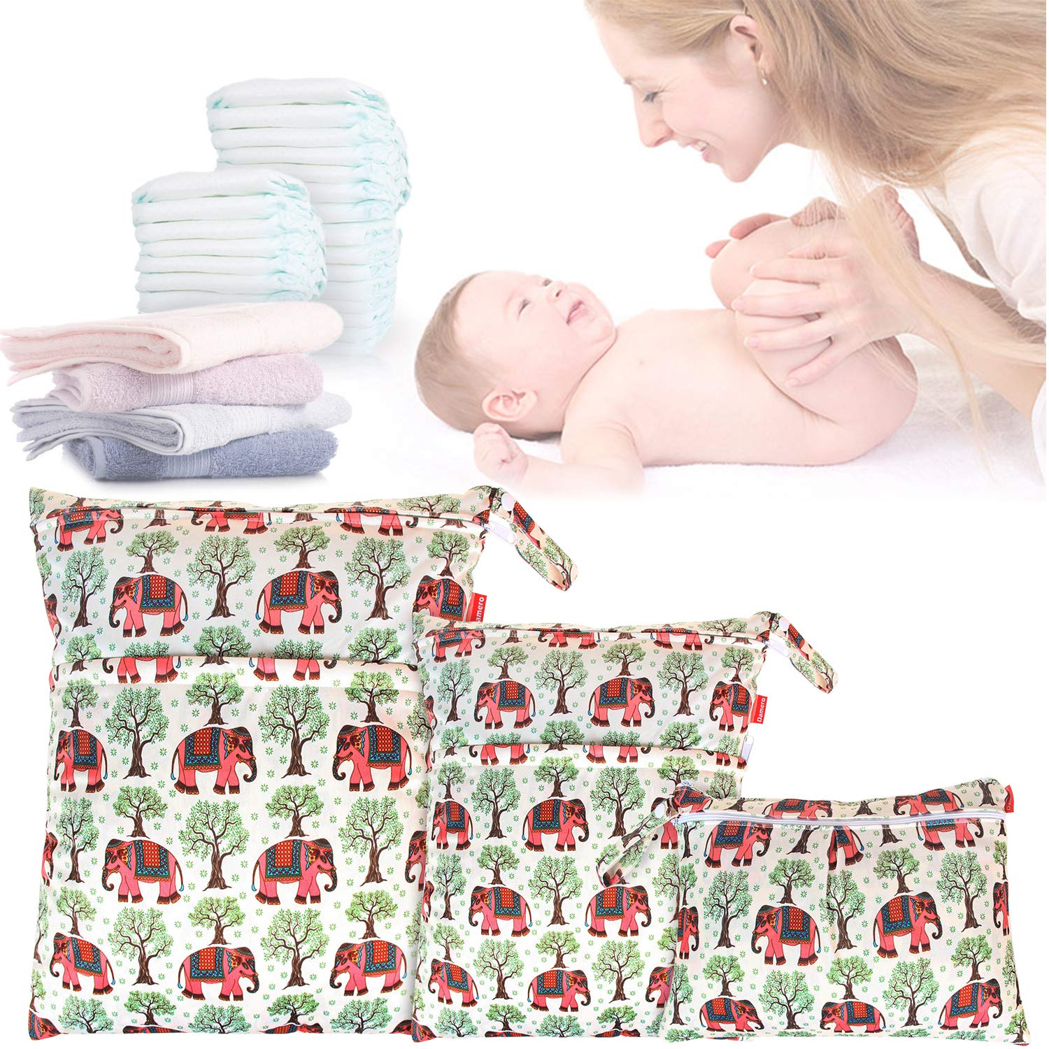 Damero 3pcs Pack Wet Dry Bag for Cloth Diapers Daycare Organizer Bag, Elephants