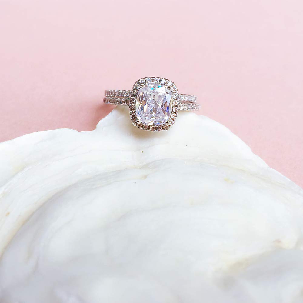 Accented Cushion Cut Halo Engagement Ring Stackable Eternity Wedding Band Micropave Solitaire Bridal Ring Set (7)