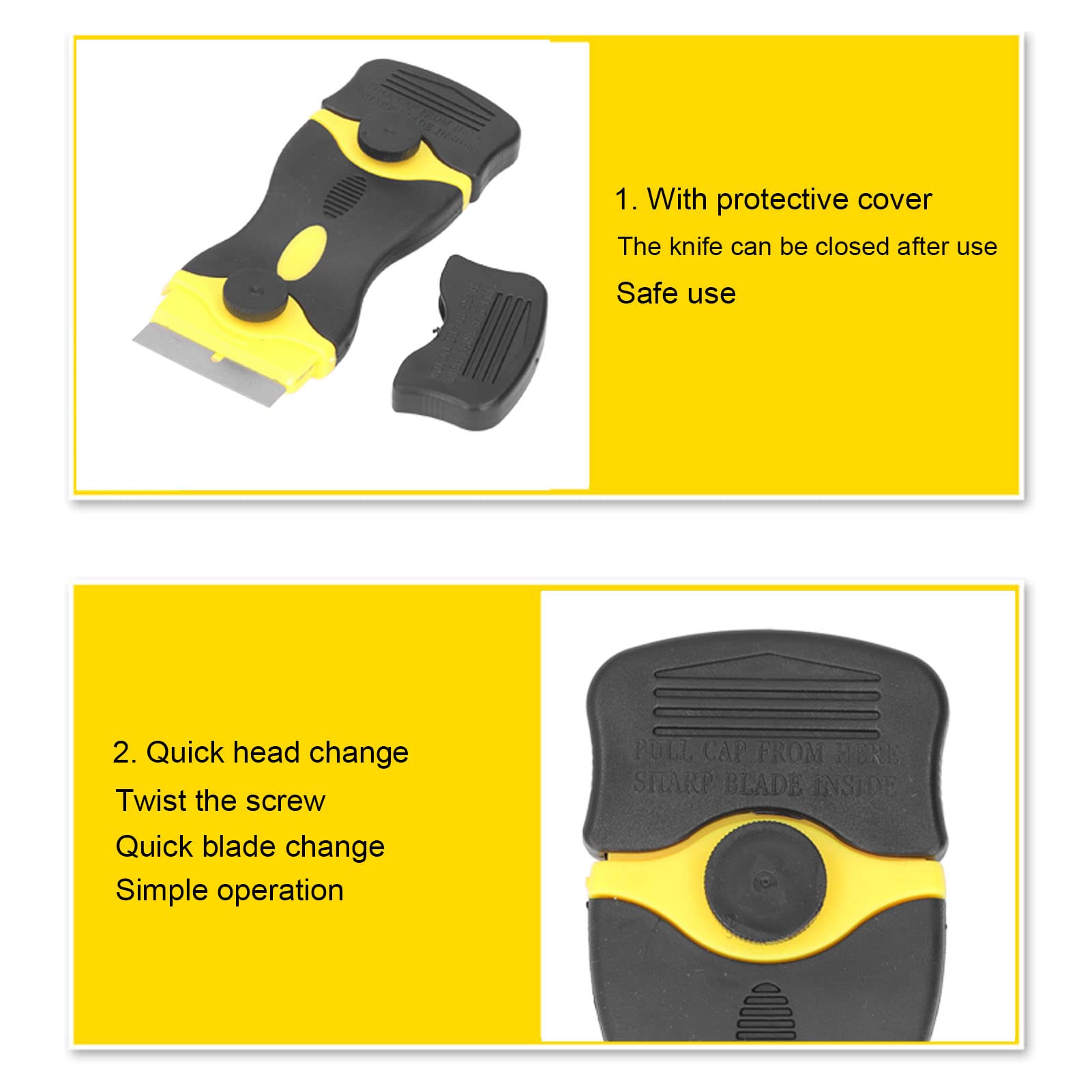 Razor Blade Scraper 2Pcs Multi Purpose Cleaning Razor Scraper 2 in 1 Razor Scraper Tool Glass Scraper for Windows Decals Tint(Black+Yellow)