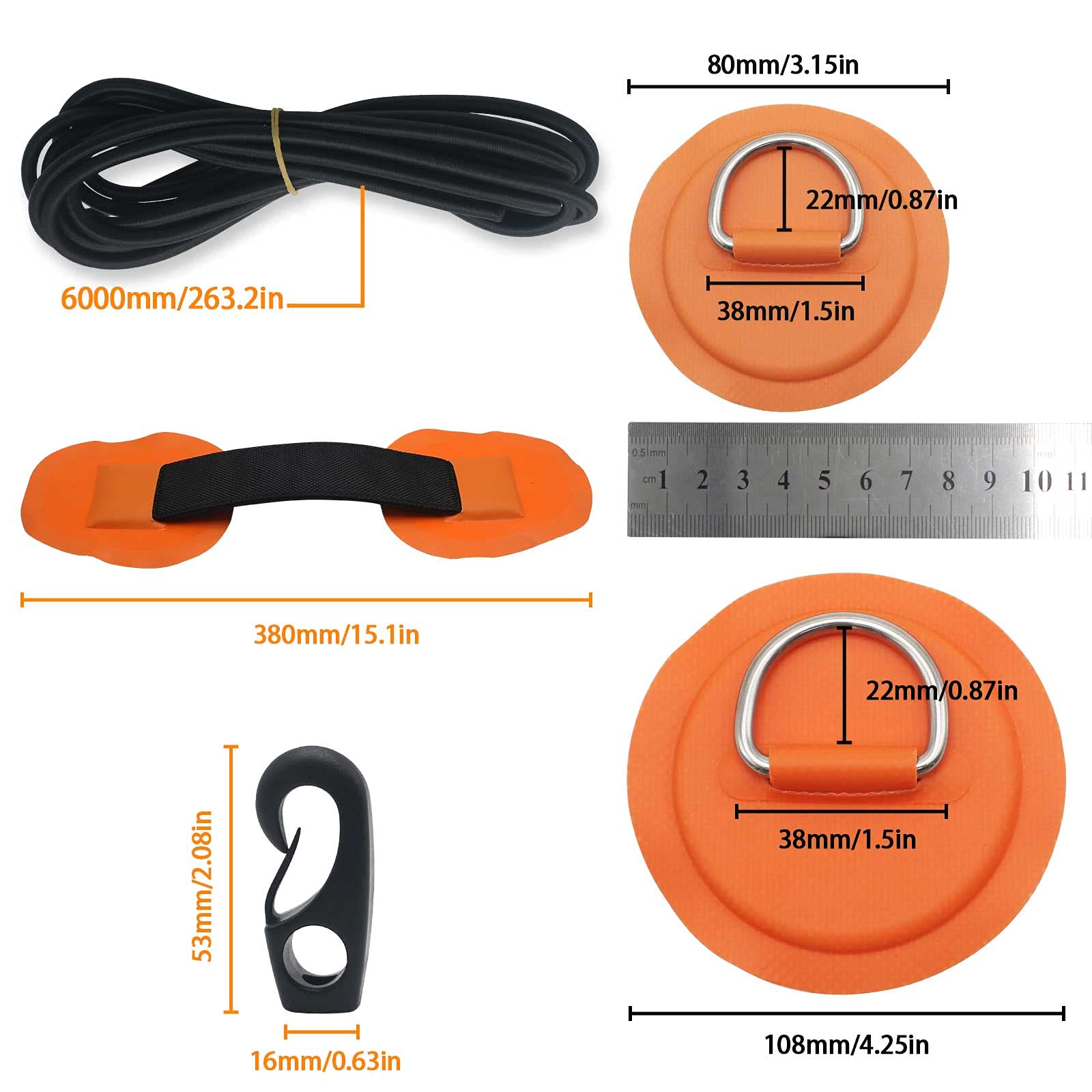 7Pck D-Ring Patch Kayak D Ring Pads and 20ft Strong Elastic Bungee Shock Cord with Hooks Bungee Deck Rigging Kit for Pvc Inflatable Boat Sup Kayak Canoe Deck Surfboard Raft Stand Up Paddle Board