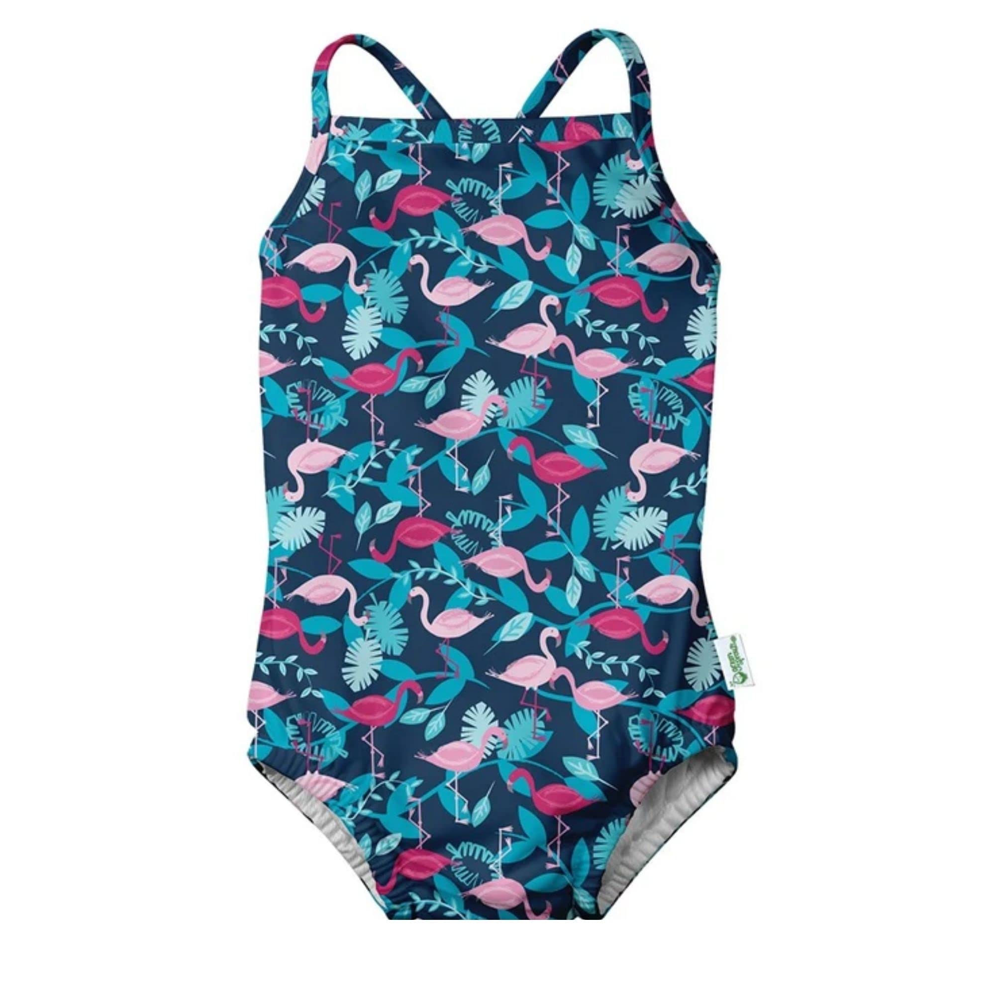 i play. by green sprouts One-piece Swimsuit w/ Built in Reusable Swim Unisex Diaper | Helps provide secure protection for babies & swimmers,Navy Flamingos,3T