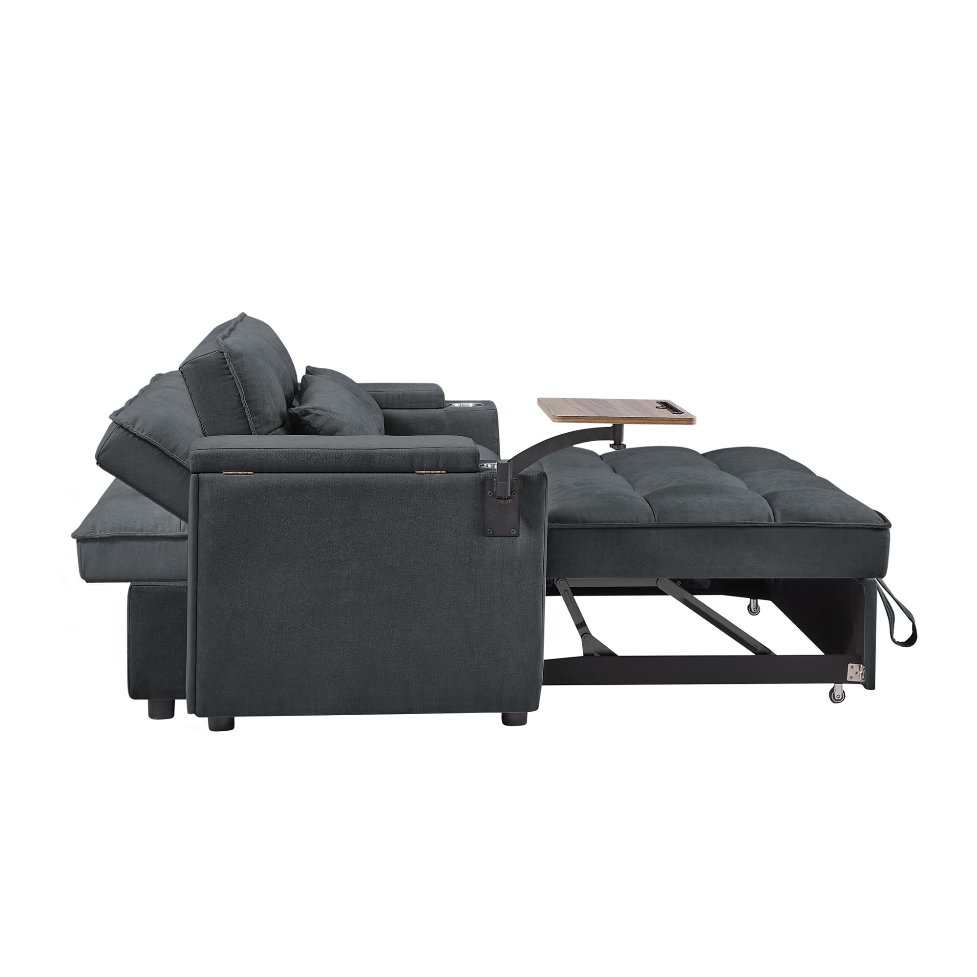 Auvsoce 65'' Convertible Queen Size Sleeper Sofa Bed.Modern Chenille Fabric Sofa with Pull Out Bed and 360 Degree rotatable Side Table for Living Room,RV, Trailer, Basement, Big Horn (Grey)
