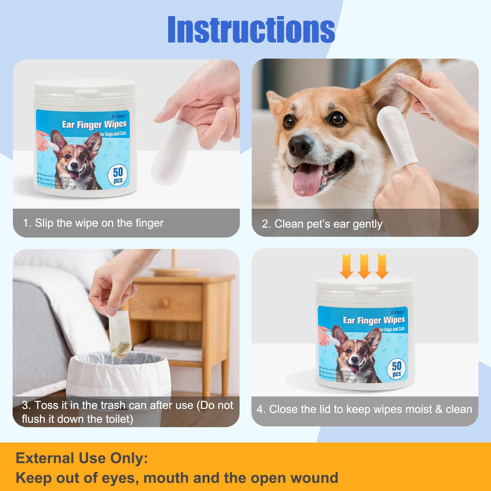 Avont 1 Pack Dog Ear Cleaner Wipes, Gentle Ear Relief Cleaning Finger Sheath for Cats Pets, 50 Disposable Pieces
