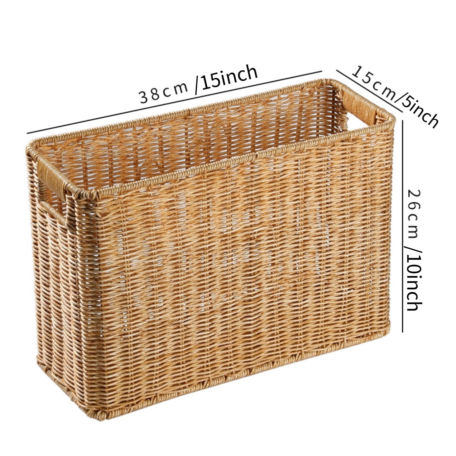 GOVNPJ Plastic Wicker Trash Basket, Woven Wastepaper Basket with 60 Garbage Bags Brown Bathroom Trash Can Large Wastebasket, Trash Can Slim Narrow Boho Trash Can for Laundry Office(15 * 6 * 10inch)