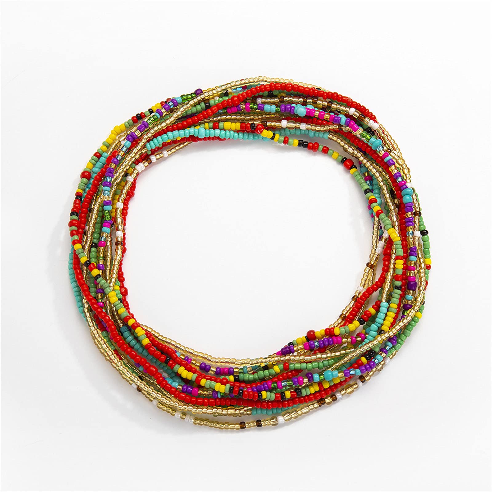 7Pcs Bohemian Colorful African Waist Beads Seeds Body Chain Set Boho Multi-Color Layered Elastic Stretchy String Beaded Belly Chain for Women Girlfriend Sexy Bikini Summer Beach Jewelry-A 7pcs