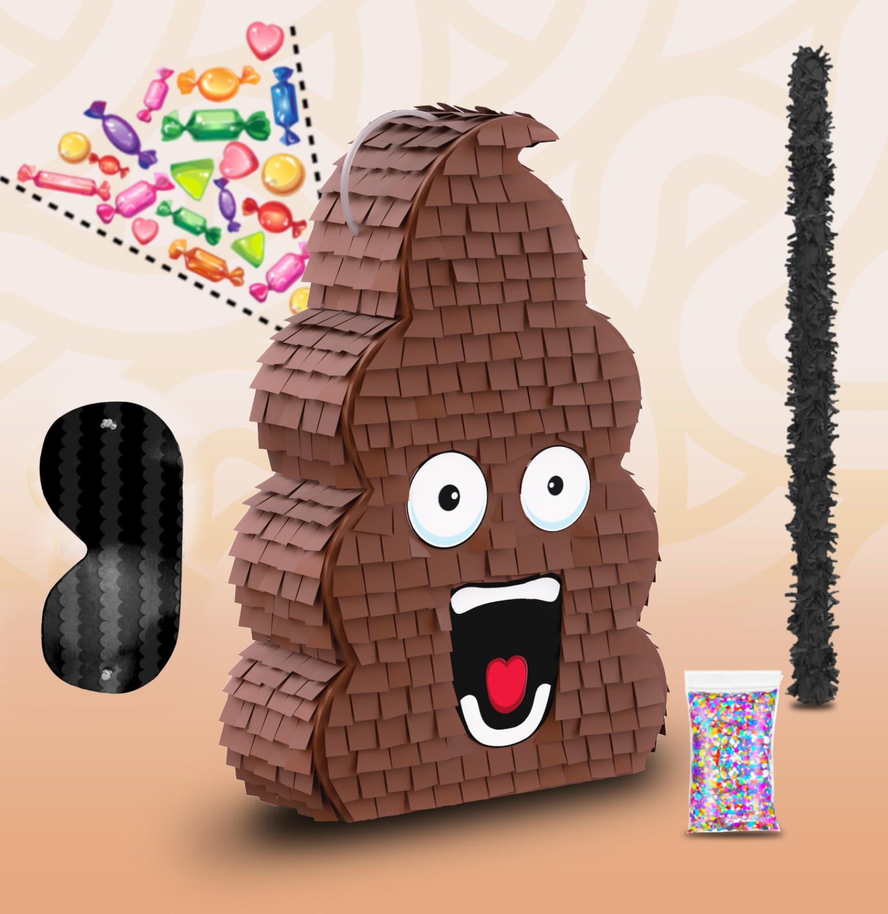 Funny Poop Piñata 4-Piece Set perfect for Birthday Parties, Decorations, Emoticon Parties, Fun shape, Great Party Addition for kids, teens, and adults (17”X10”) durable!