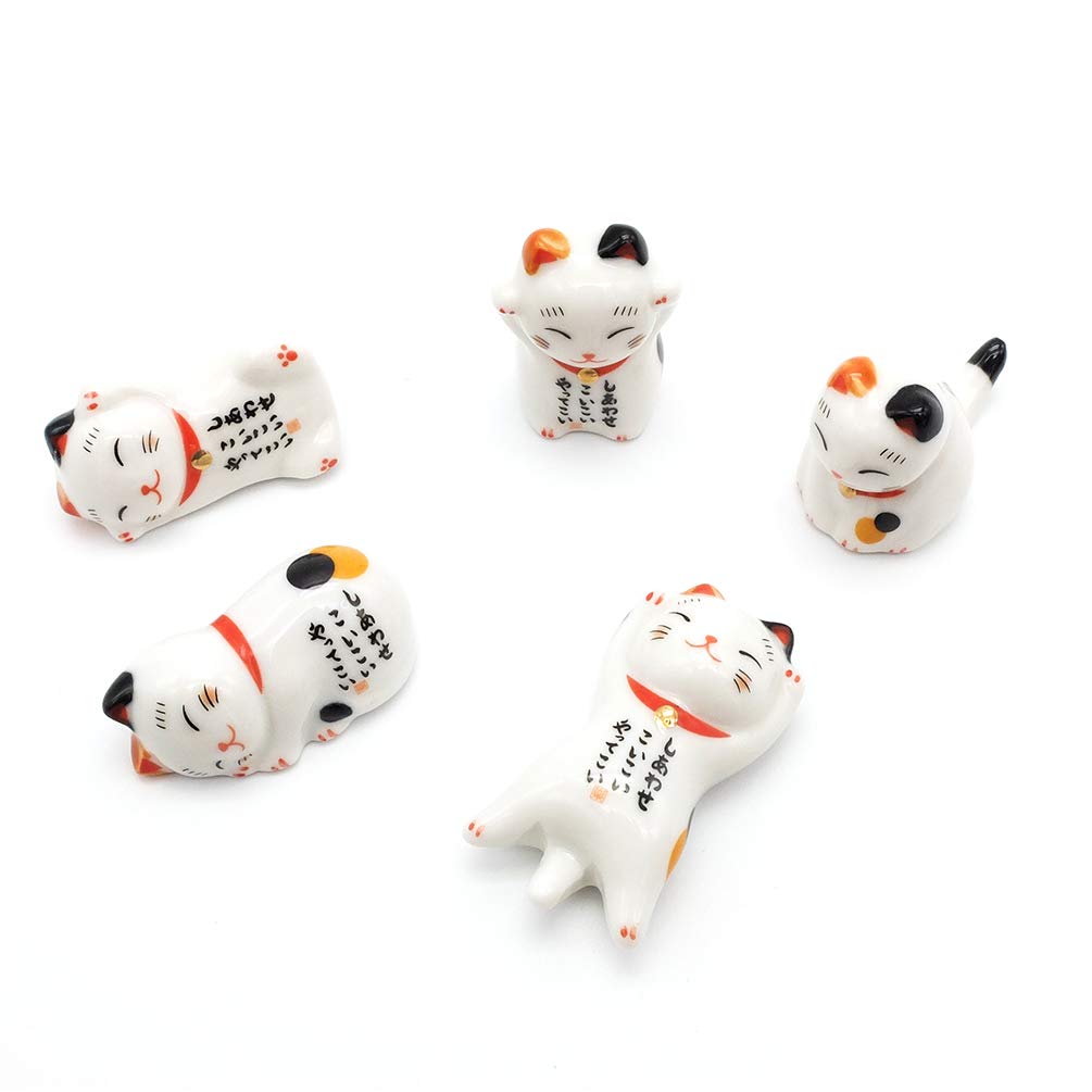 5 Pairs Cute Lucky Cat Chopsticks and Chopstick Rest Set, Chopsticks Holder 5 Cats, Classic Japanese Style Bamboo Natural Reusable China Chopsticks Holder Gift Set, Dishwasher - Safe (Cute Cat)