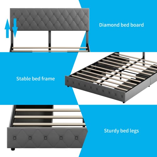 Mjkone Upholstered Bed Frame with 4 Storage Drawers, PU Leather King Size Platform Bed Frames with Adjustable Headboard, No Box Spring Needed/Easy Assembly/No Mattress (King, Dark Grey)