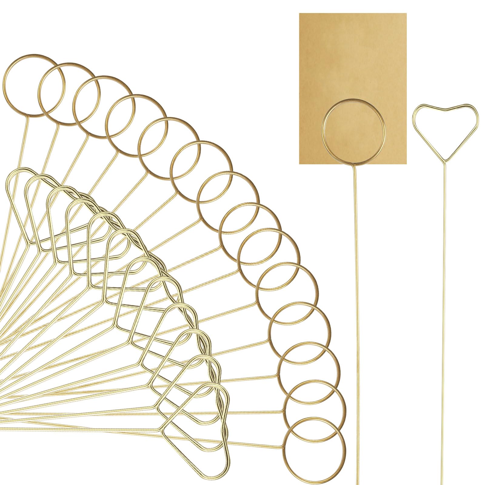 QTLCOHD 100Pcs Floral Card Holder Picks, 13.4 Inch Heart Shape Metal Floral Place Card Holder, Picture Photo Memo Holder Gold Round Photo Stick Clip, Gift Card Holder for Wedding and Party