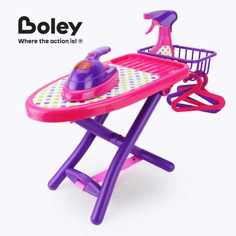 Boley Pretend Play Laundry Playset - 8-Piece Pink and Purple Toy Ironing Board Set with Realistic Lights & Sounds Iron, Working Spray Bottle, Hangers, and Storage Basket for Kids and Toddlers