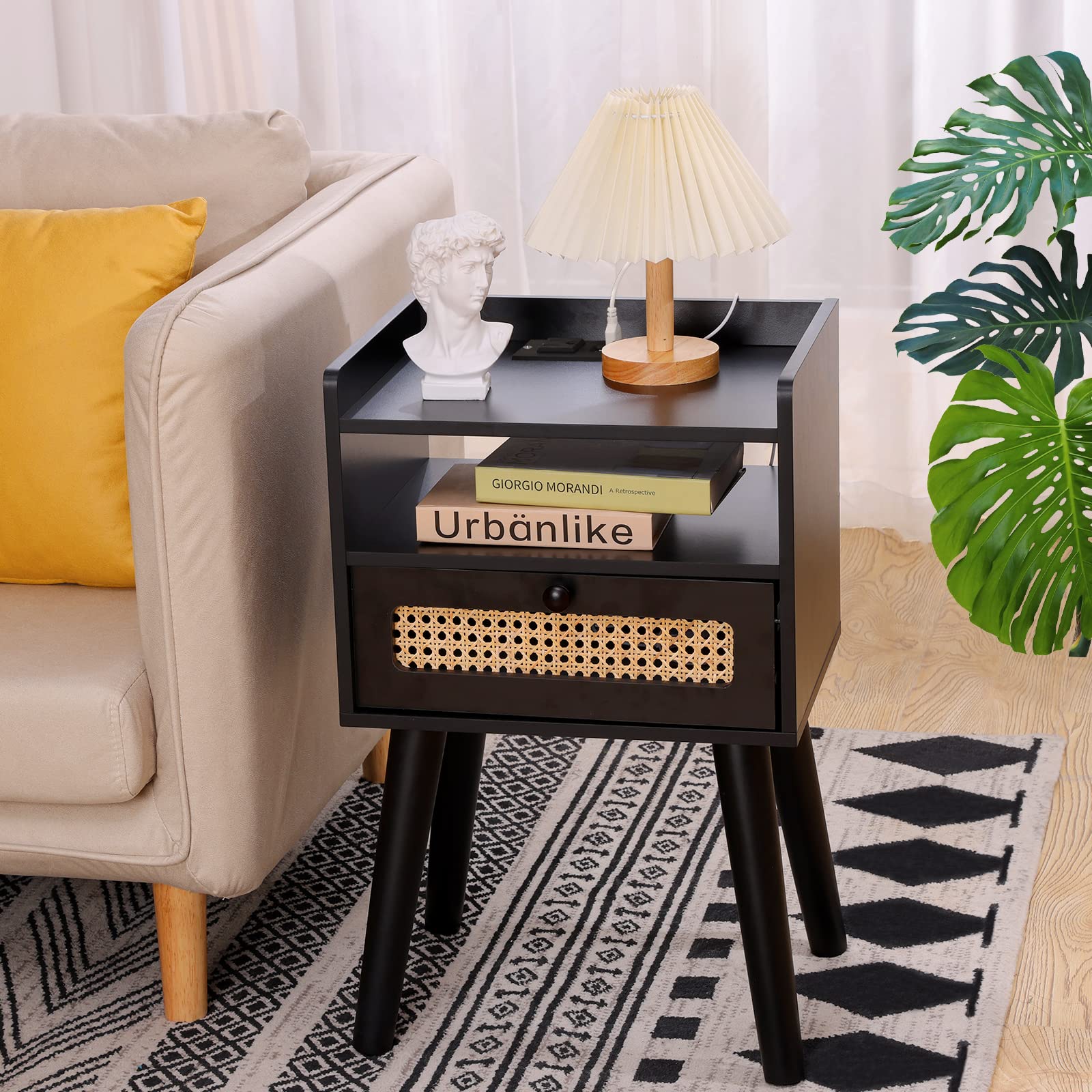 EOYUTLLY Nightstand with Charging Station Side Table with Rattan Drawer Storage, Bedside Table with USB Ports Modern Wooden End Table for Living Room, Bedroom and Small Space, Black