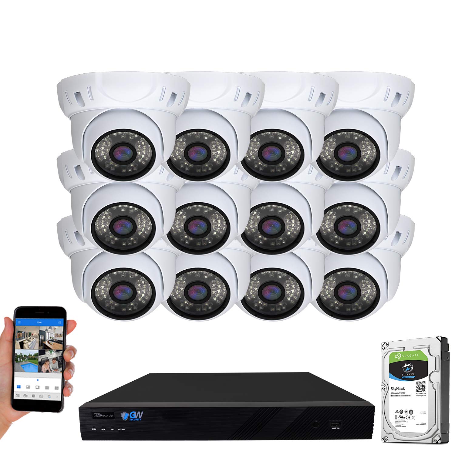 GW Security 16 Channel 4K NVR 5MP H.265 IP Surveillance Security Camera System with 12-Piece Super HD 1920P Weatherproof PoE Security Dome Cameras, AI Human Detection