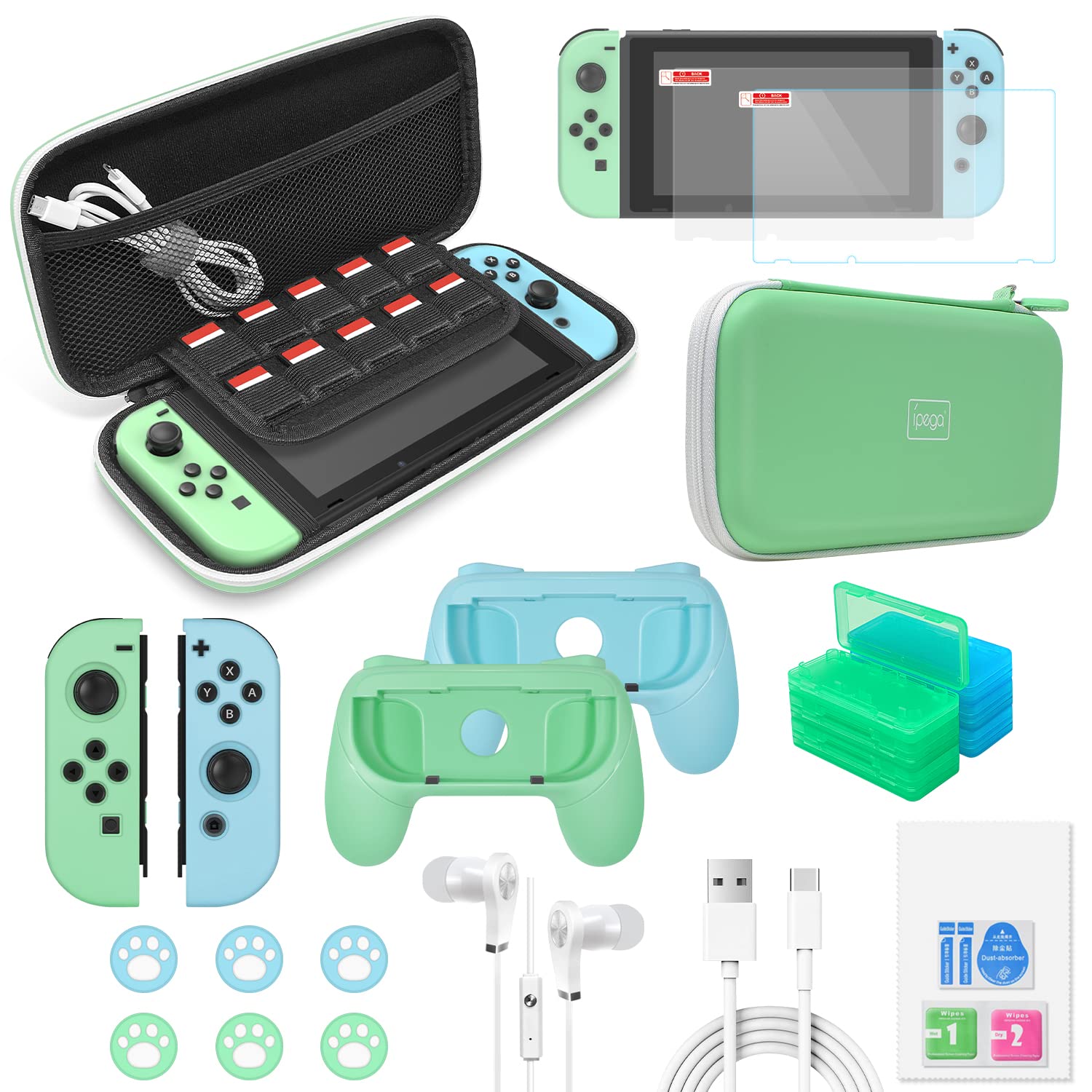 Accessories Bundle for Switch, 26 in 1 Essential Protection Kits with Carrying Case, Screen Protector, Cards Storage Case, Hand Grips, Cover for Joycon & Charging Cable, Thumb Grip Caps