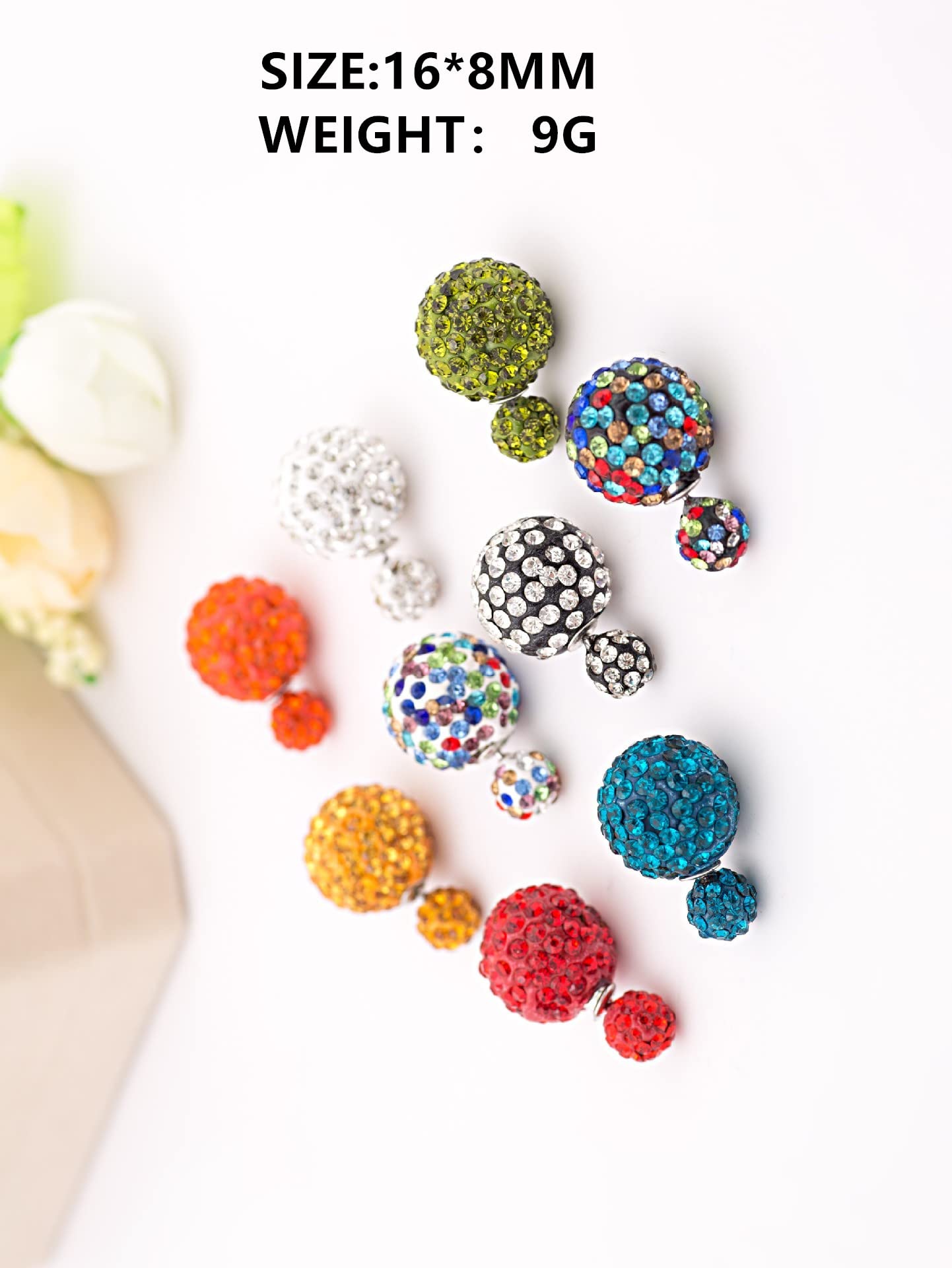 7Pcs/Set Eight colored Cz Rhinestones double-sided Shambhala two Balls Stud Post Earrings Silver-tone Plated Women piercing Stud Post Earrings
