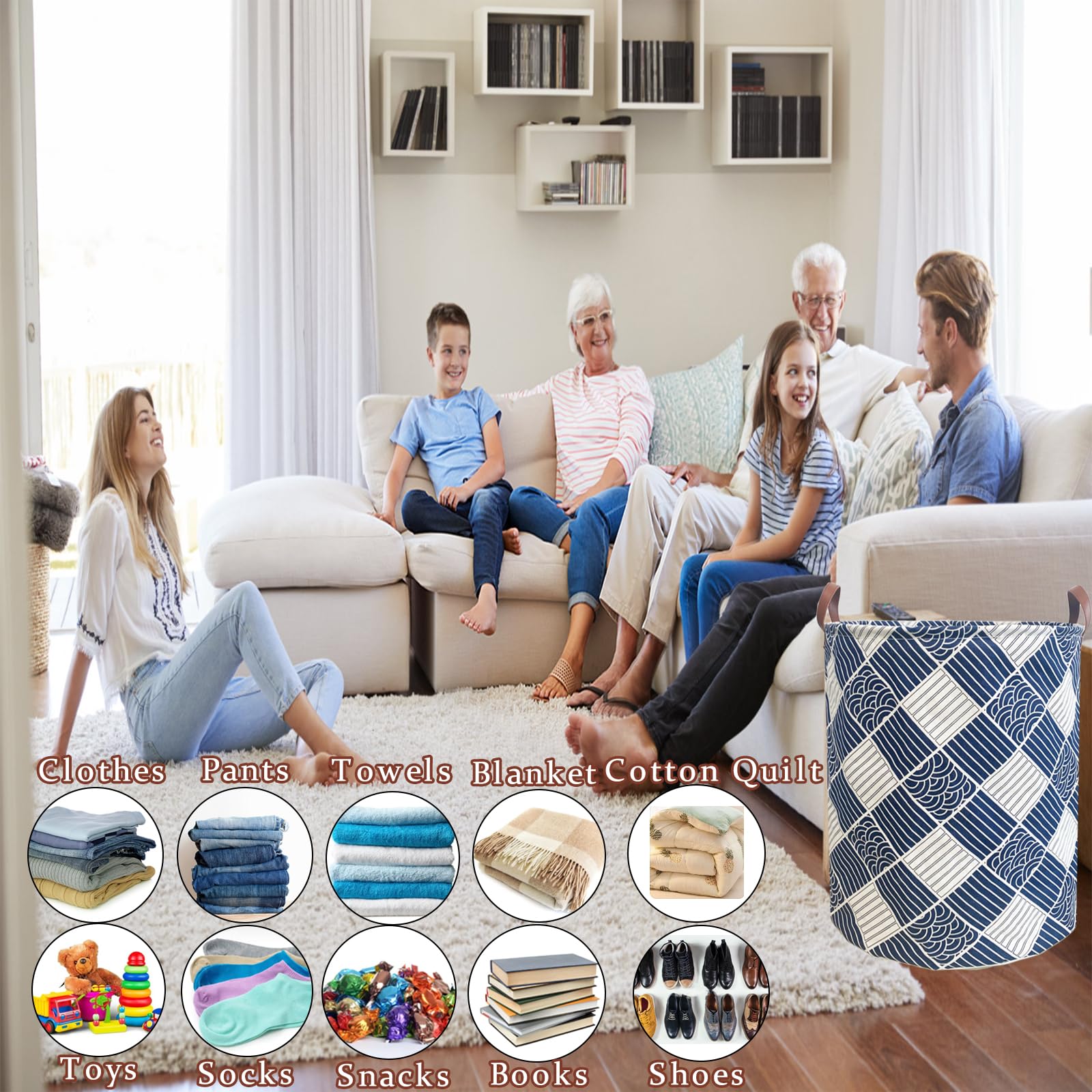 80L Large Laundry Hamper in Family,Waterproof Laundry Basket in Dorm,Leather Handle Laundry Bag in Nursery,Collapsible Clothes Storage Toy Organization for Bathroom Bedroom Laundryroom