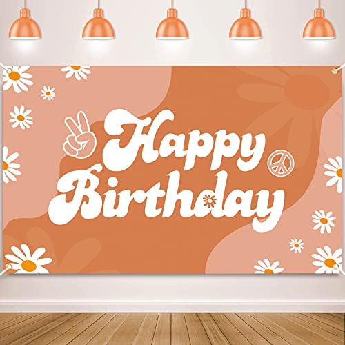 DARUNAXY Happy Birthday Banner for Women, Boho Hippie Theme Birthday Backdrop for Baby Shower, Happy Birthday Decorations for Girls, Boho Daisy Flower Groovy Birthday Party Supplies