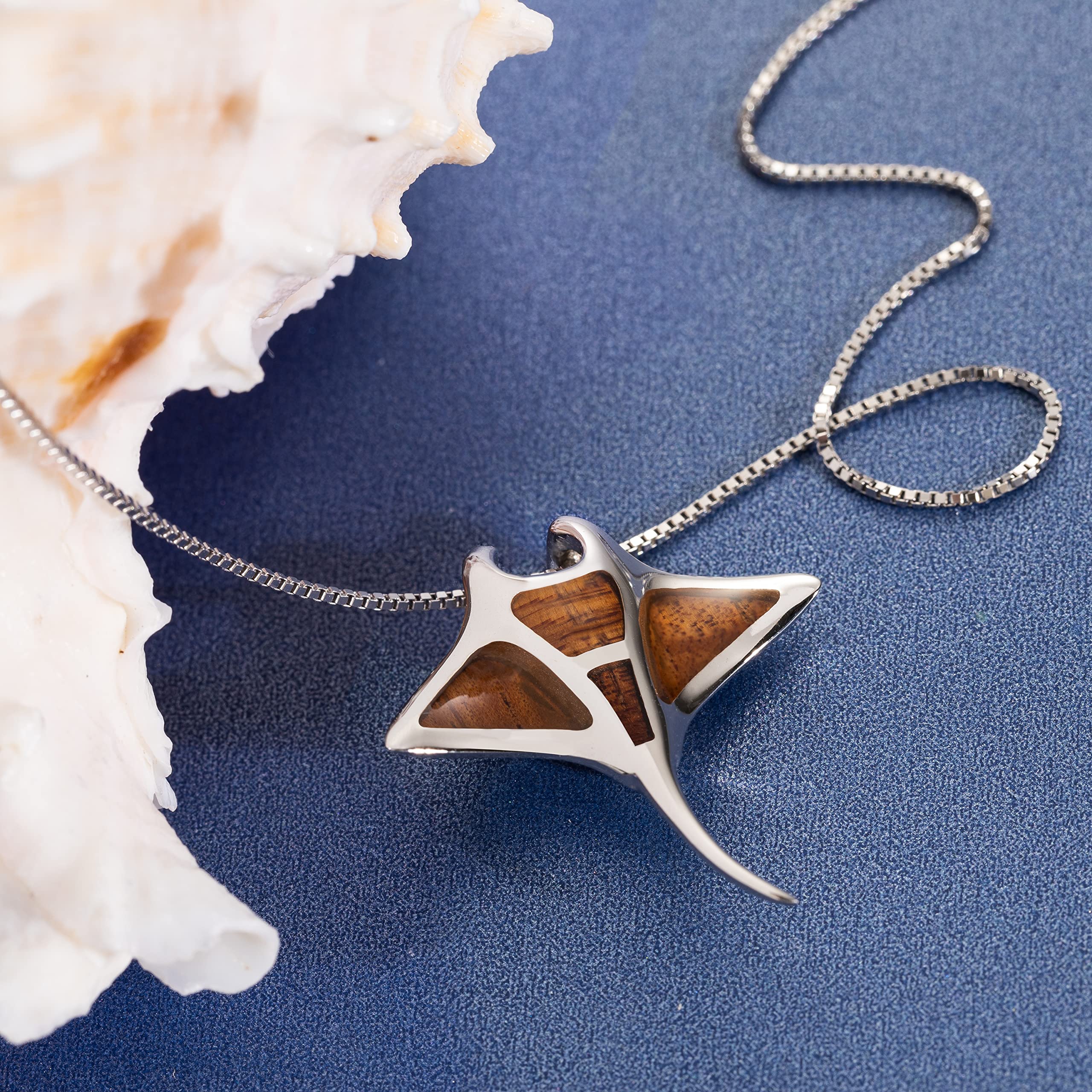 925 Sterling Silver Hawaiian Manta Ray Opal Koa Wood Larimar Gemstone Necklace Pendant with 18" Box Chain, Nickle Free Hypoallergenic for Sensitive Skin, Gift Box Included (Koa Wood)