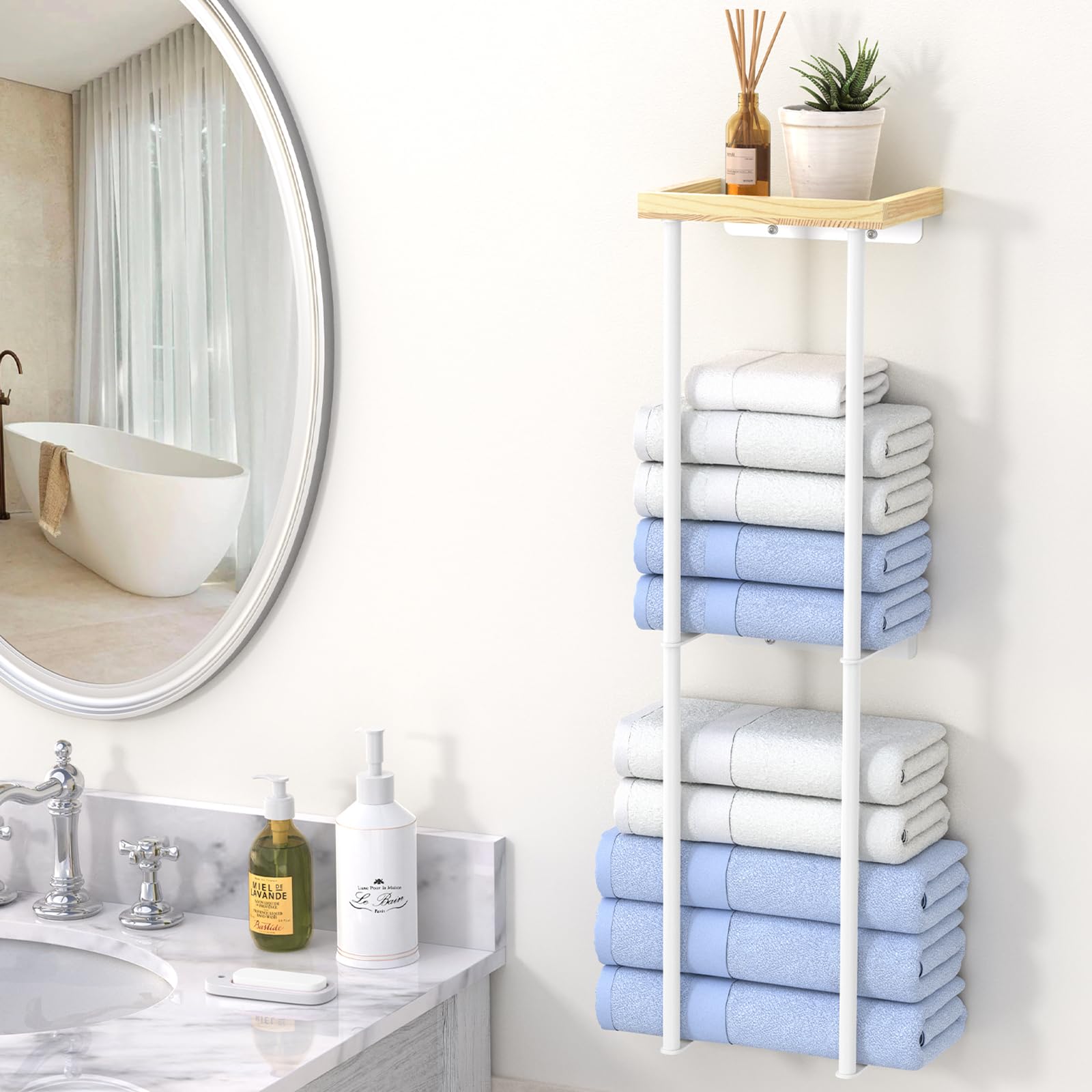 Anfeichen Towel Rack Wall Mounted, 2 Tier Bath Towel Storage Holder with Wooden Shelf, Metal Towel Rack for Small Bathroom Organizer, White