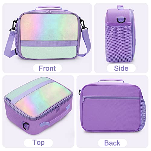 Cerbonny Kids Lunch Box Insulated Kids Lunch Bag for School with Adjustable Shoulder Strap&Bottle Holder,Girls Lunch Box with Durable Zipper Pockets ,Keep Food Cold&Warm for Long Time, Crystal Purple