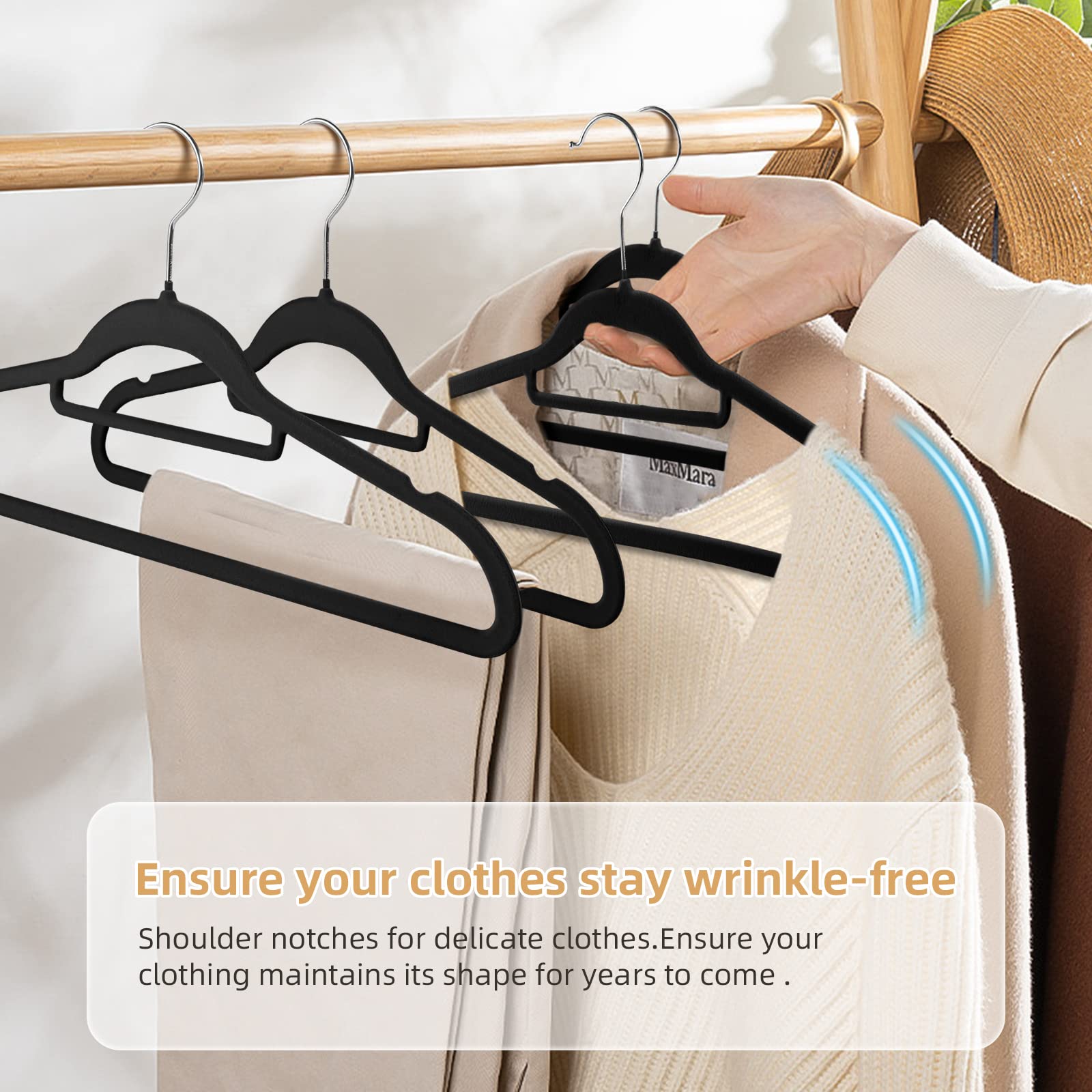 JohneyRulu Velvet Non-Slip Black Hangers - Space-Saving Heavy-Duty Suit Hangers with 360° Swivel Hook - 20 Pack