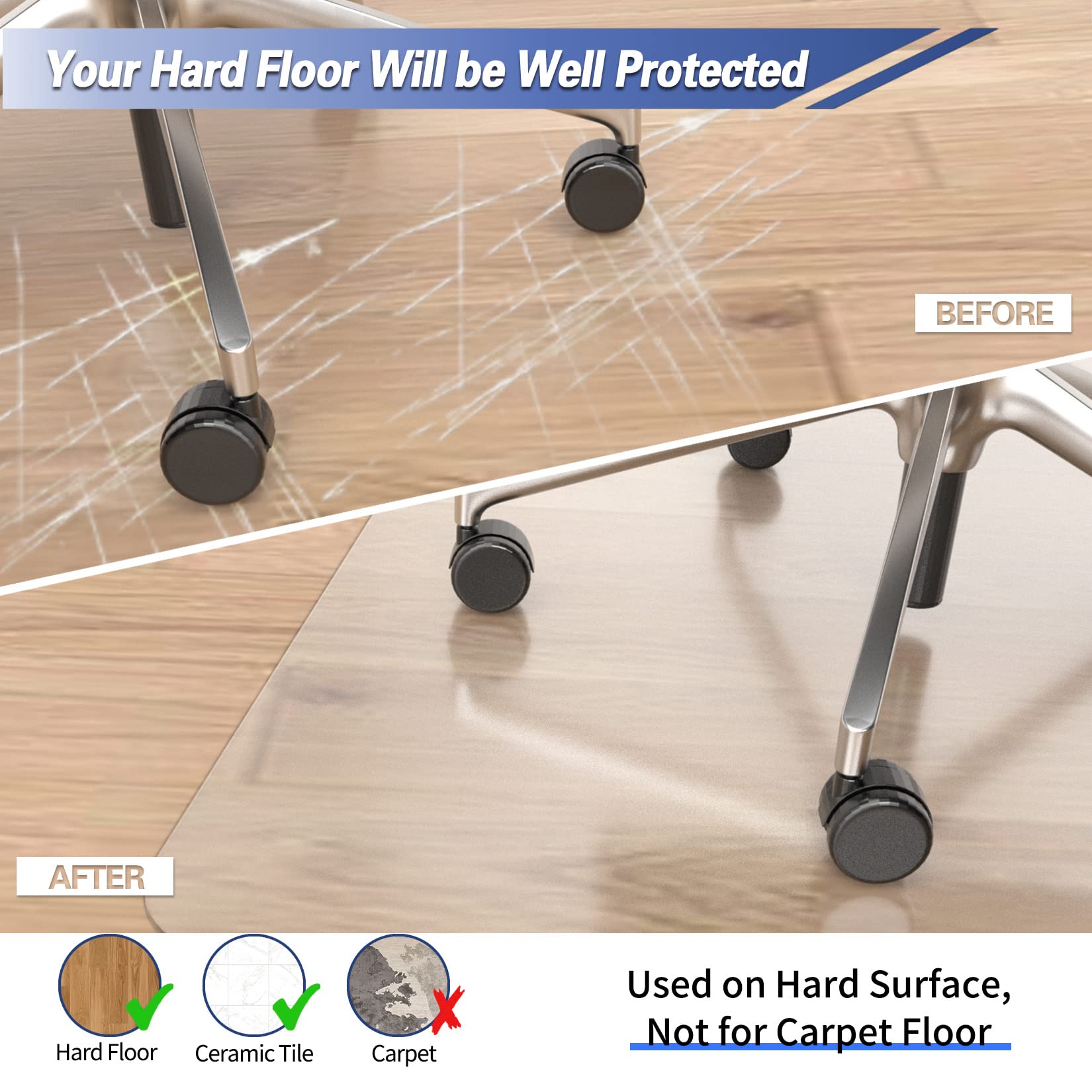 Amyracel Large Office Chair Mat for Hardwood Floor, 46β x 60β Clear Desk Chair Mat for Hard Floors, Easy Glide Floor Protector Mat for Office Chairs