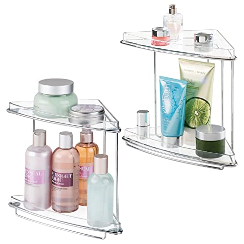 mDesign Steel/Plastic Freestanding Countertop Corner Shelf Organizer with 2-Tier Storage for Bathroom, Vanity, Cabinet, Counter - Holds Makeup, Bath Gel - Prism Collection - 2 Pack - Clear