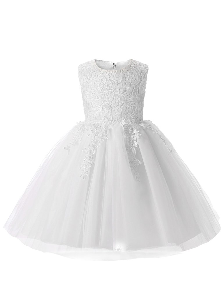 Mallimoda Girl's Lace Tulle Flower Princess Wedding Dress for Toddler and Baby Girl (3Y, Sleeveless White)