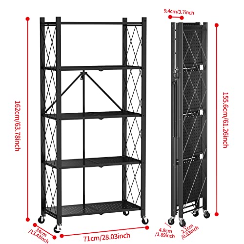Mochubang Foldable Storage Shelves Unit, 5 Tier Folding Shelf Steel Shelving Rack with Wheels for Mobile Storage in Kitchen, Warehouse, Closet, Patio, Pantry, No Assembly, 1250 lbs Capacity, Black