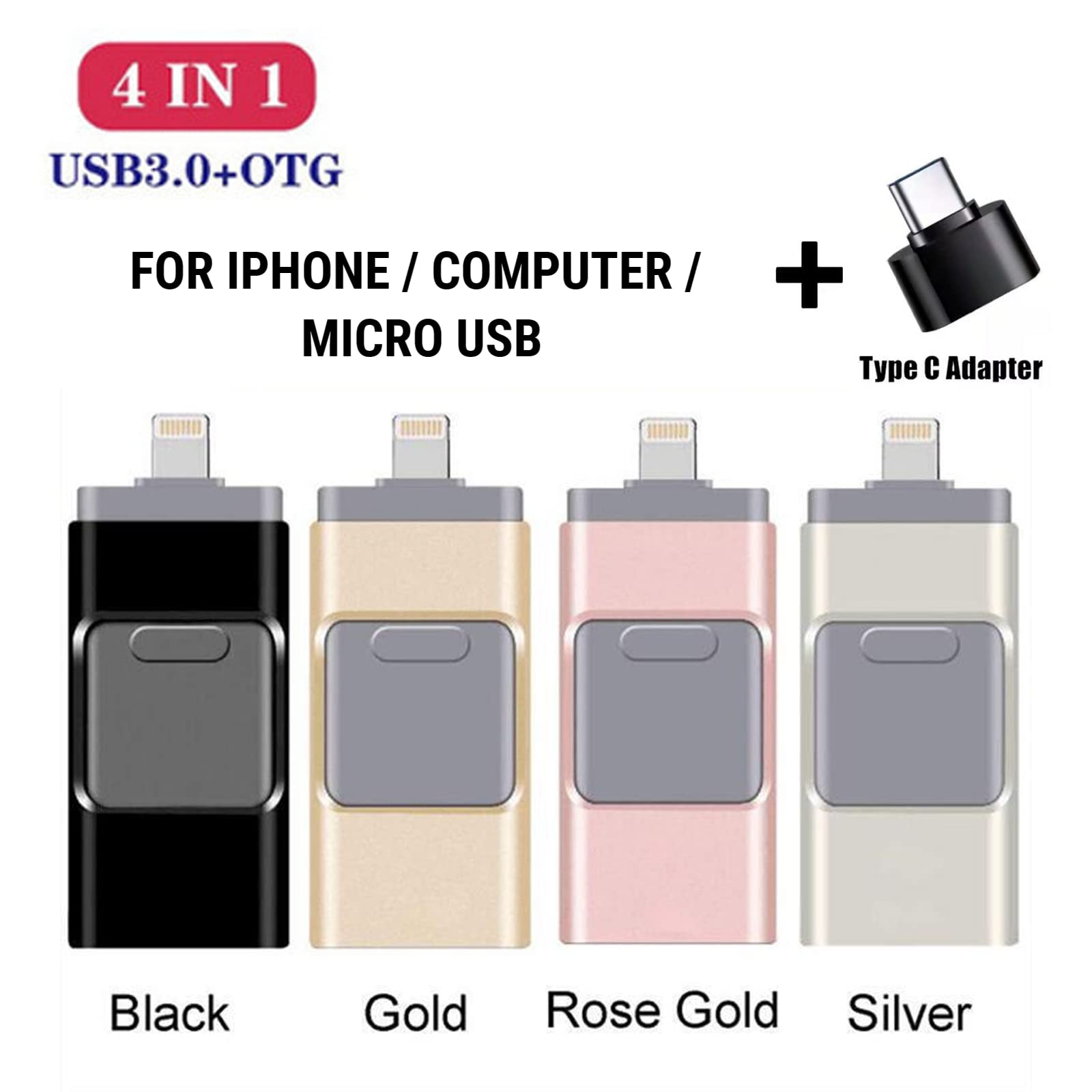 AQWEI 4 in 1 High Speed USB Multi Drive Flash Drive, Photo Stick Omni for iPhone and Computer, Flash Drive for iPhone & Photo Stick for Android Phones, 4 in 1 Drive Photo Stick Omni (128GB,Black)