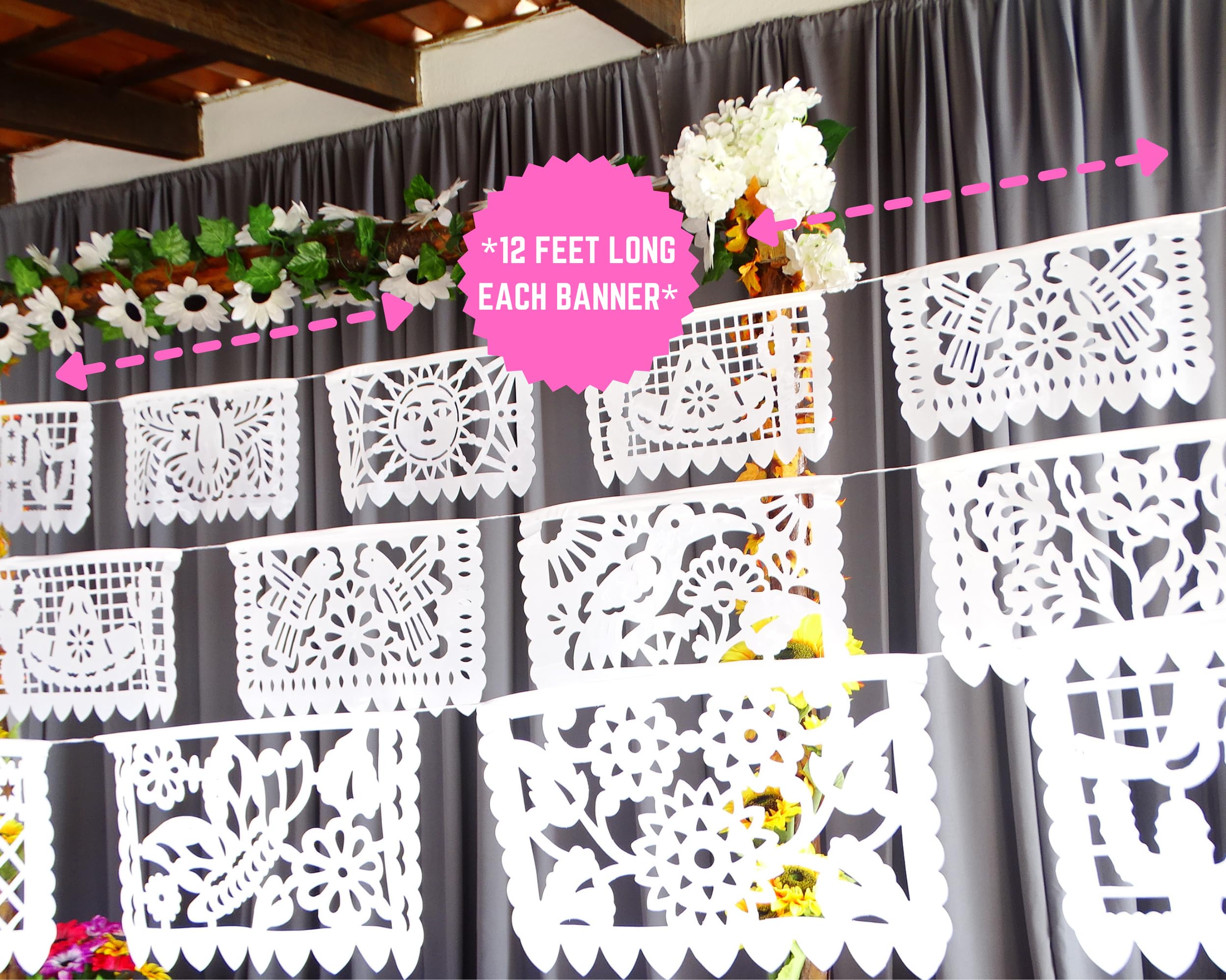 White Papel Picado Banner - Plastic Papel Picado Banner, garland, bunting, streamers - Fiesta Decorations - Mexican white Decorations for mothers day, bridal shower, weddings 5 pack/60 feet