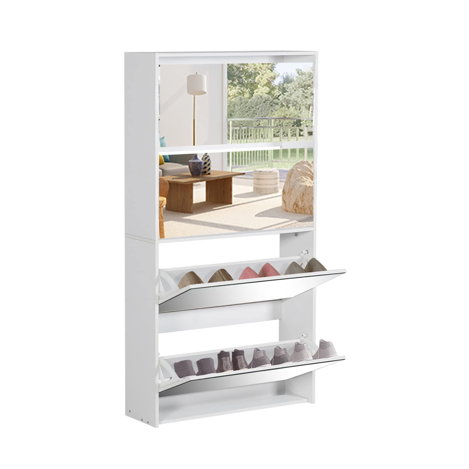 AODAILIHB White Shoe Cabinet for Entryway Slim, Narrow Freestanding Shoe Rack with 4 Flip Drawers&Mirror, Wood Shoe Storage Organizer for Closet, Apartment, and Corridor (Mirror Cabinet)