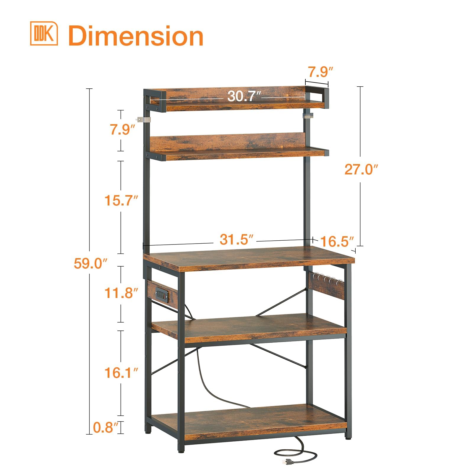 ODK Bakers Rack with Power Outlet, Coffee Bar with Storage 5-Tiers, Microwave Stand Kitchen Rack 16.5 * 23.6 * 59 inches, Kitchen Shelf, Rustic Brown