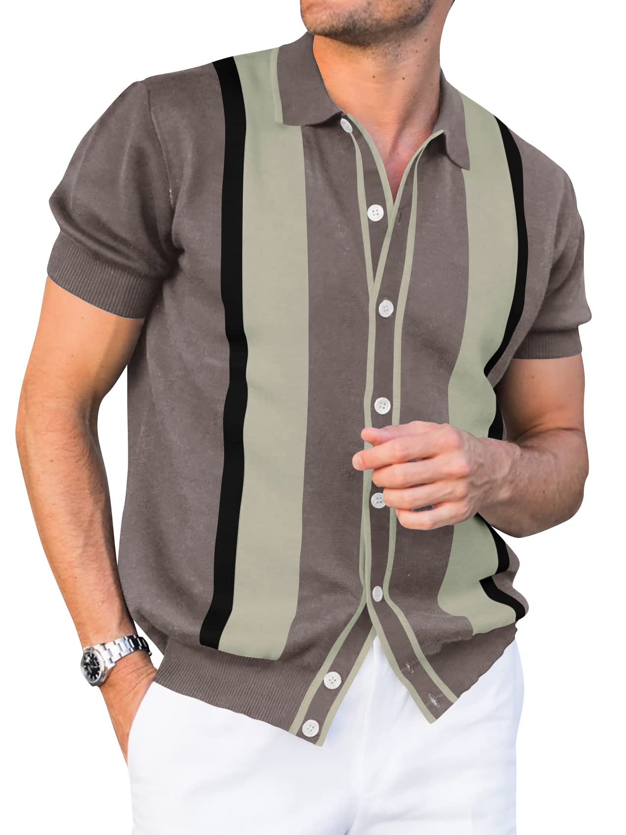 Angeun Mens Polo Shirts Short Sleeve Vintage Striped Knit Cardigan Button Down Lightweight Golf Shirts Grey