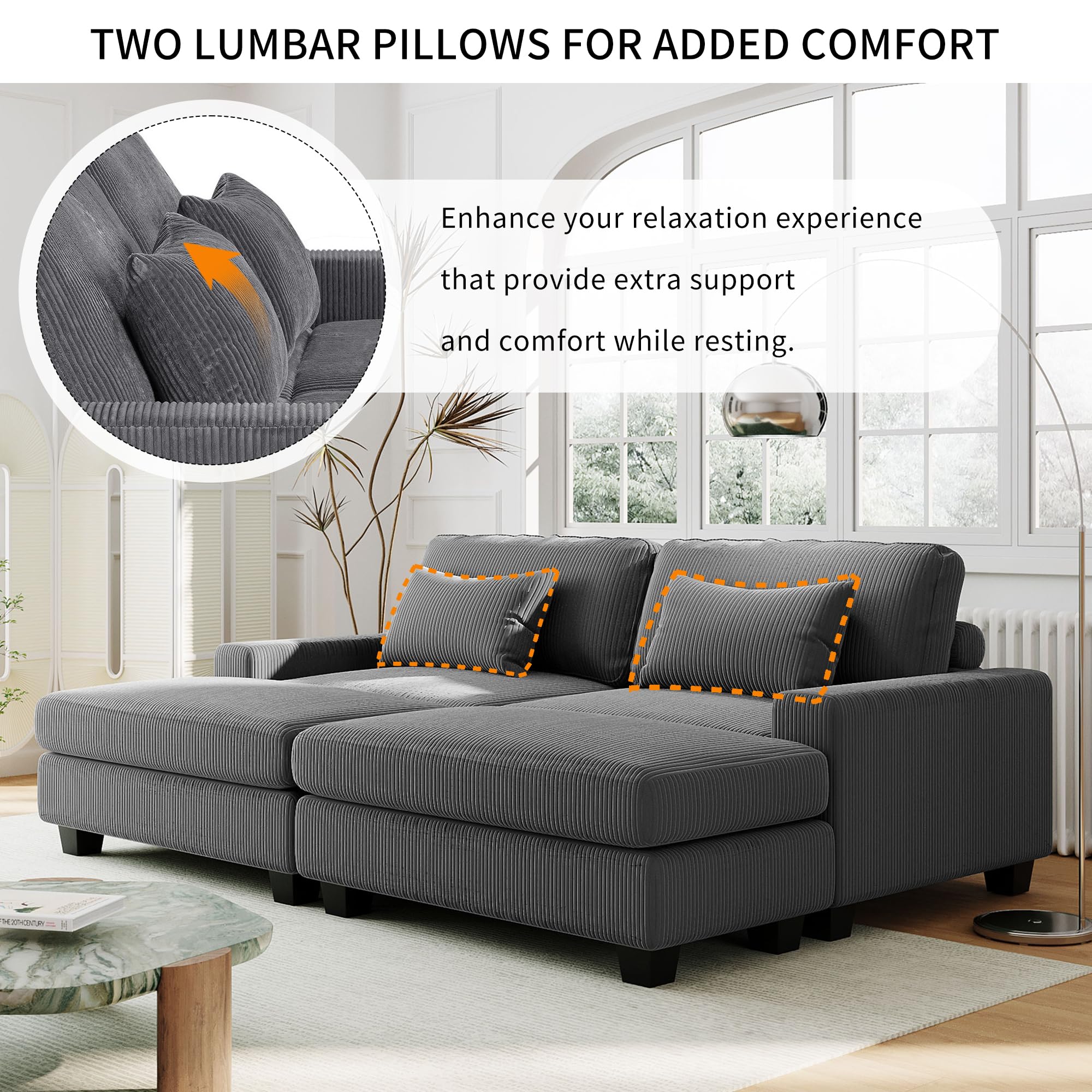 JIVOIT 90'' Square Arm Sofa with Two Detachable Ottomans, Velvet Fabric Sofa Set with Removable Back Cushions and 2 Pillows, Couch for Living Room, Office, Apartment (Grey * 037)