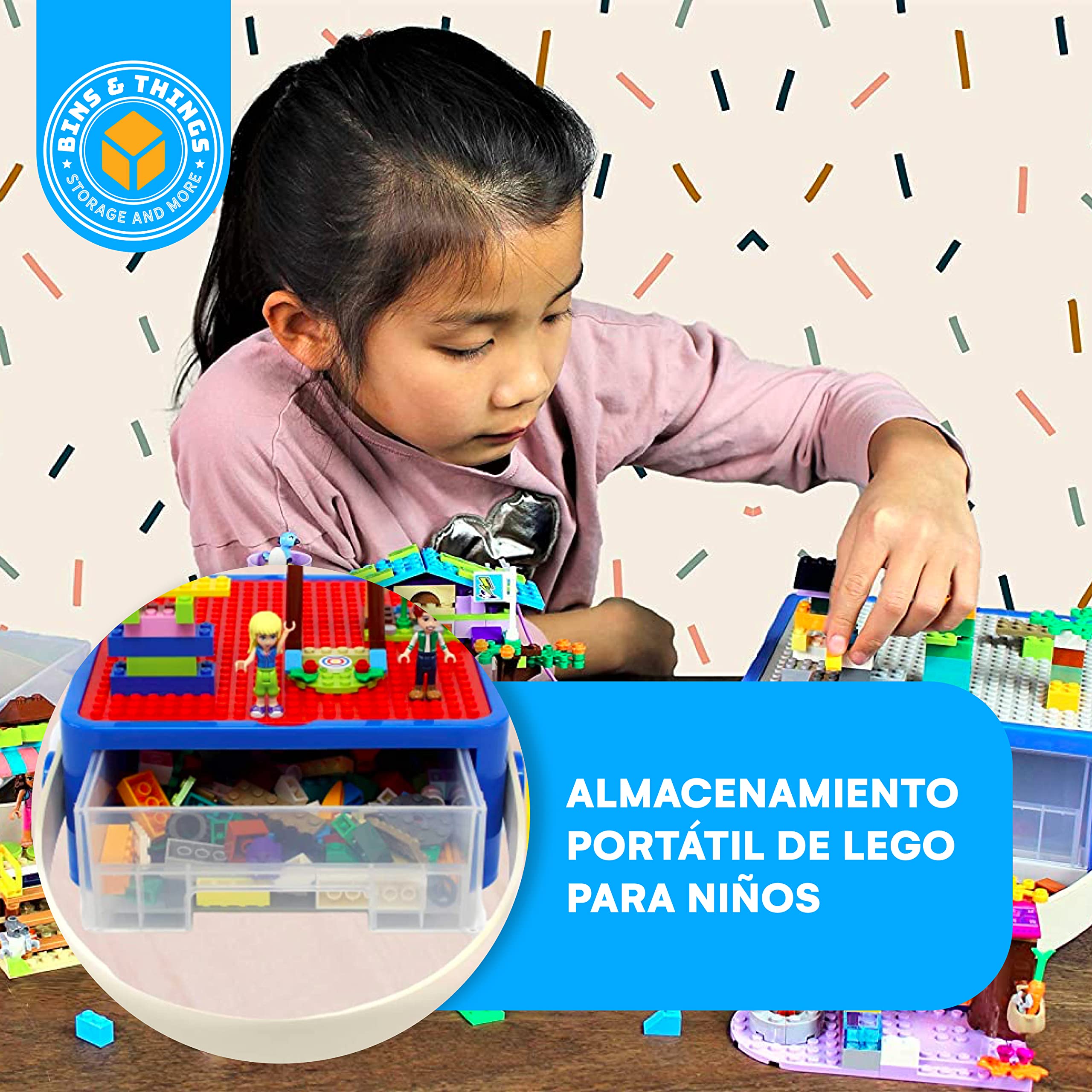 Bins & Things Lego Storage, Bin Box Organizer - Set of 2 Kids Toy Storage Containers - Small Brick Shaped Tub Organizers for Legos, Barbie Dolls, Hot Wheels and Beyblade- Anti-Lego Mess Organizer
