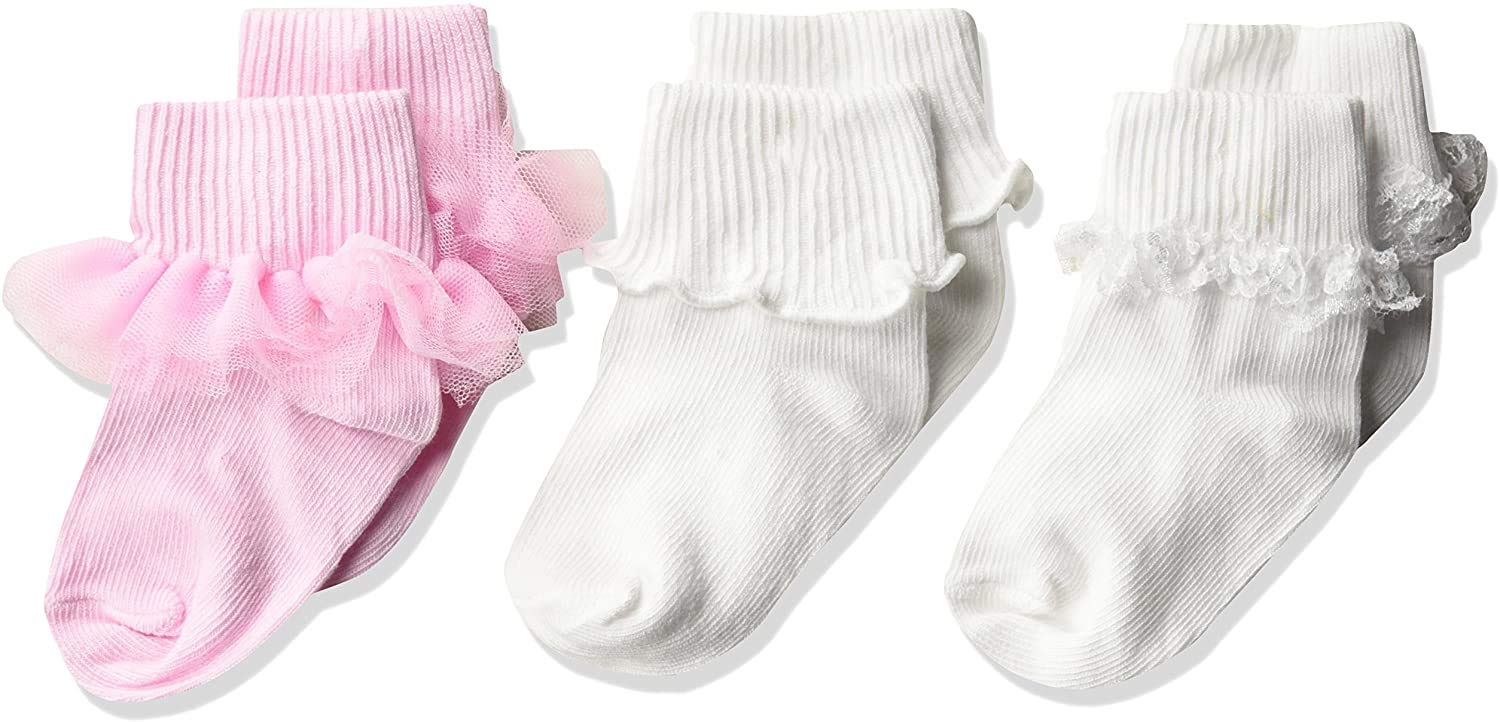 Jefferies Socks Girls' Ruffle/Ripple Edge/lace Baby Socks 3 Pack, Pink/White, 12-24 Months