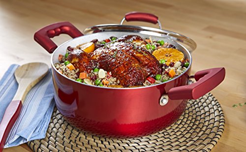 IMUSA USA 4.9Qt Ruby Red Nonstick Dutch Oven with Glass Lid and Soft Touch Handles, 5 Quarts
